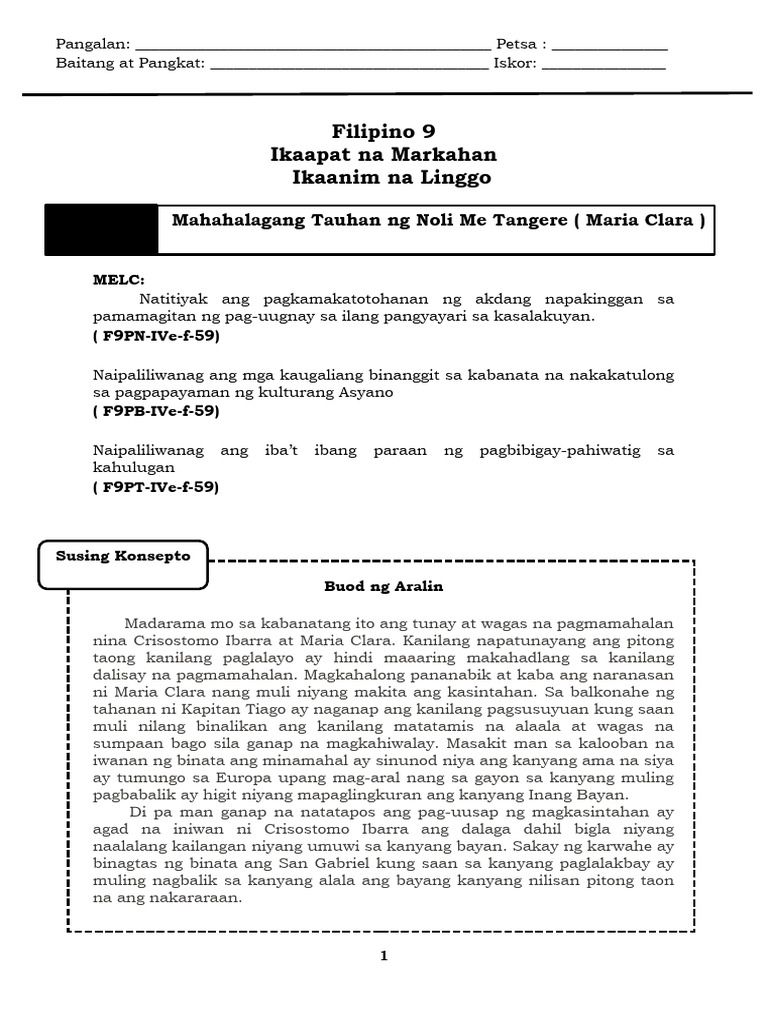 Filipino 9 Q4 Week 6 - Mahahalagang Tauhan NG Noli Me Tangere (Maria ...