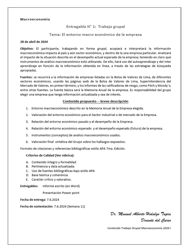 Entregable #1 Contenido Trabajo Grupal Macroeconomía 2024 I | PDF | Macroeconómica | Business