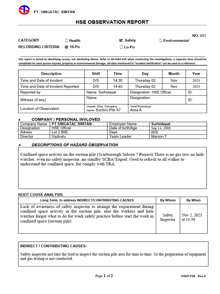 Hazard Observation Report Suction Pile | PDF | Hazards | Labor Relations