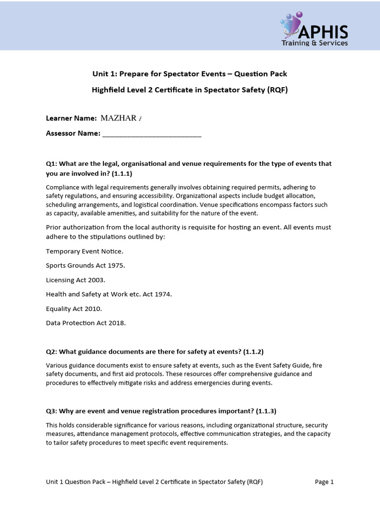 Unit 1 - Question Pack - Spectator Safety Level 2 | PDF | Hazards | Safety