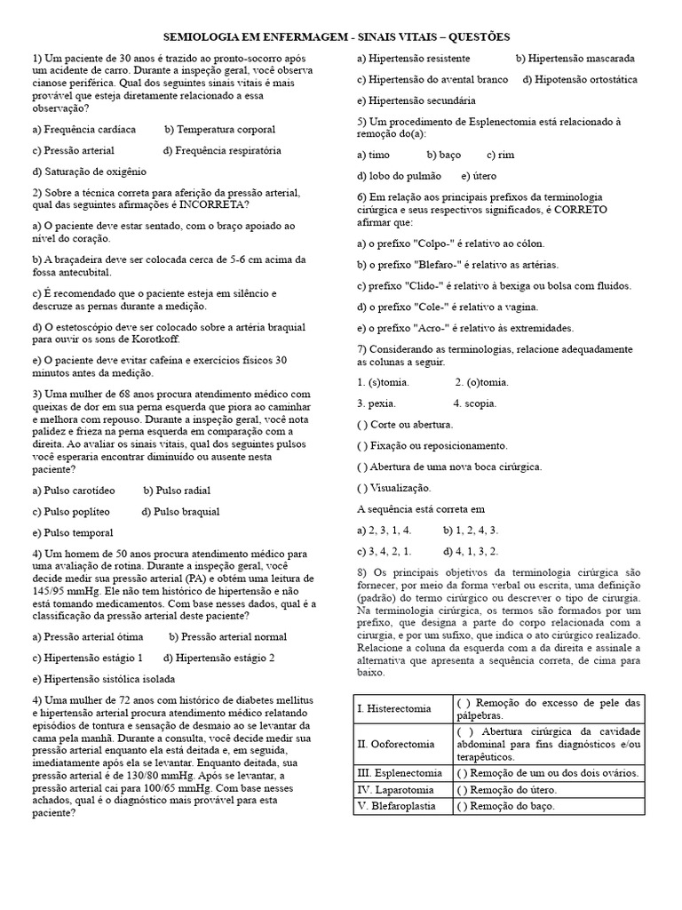 Questões Sinais Vitais SEMIO | PDF | Frequência cardíaca | Hipertensão
