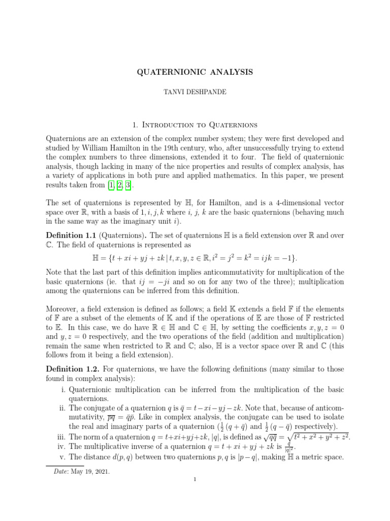 Tanvi Quaternions | PDF | Complex Analysis | Function (Mathematics)