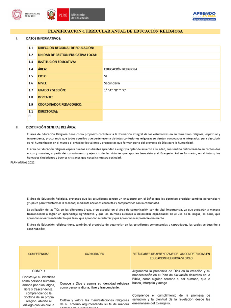 Plan Anual Religion 1°sec | PDF | Aprendizaje | Sustentabilidad