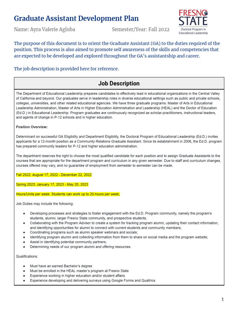Graduate Assistant Skills Plan | PDF | Goal | Student Affairs
