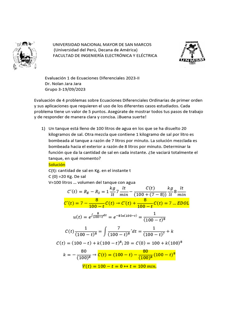 1ra Evaluacion EDO JARA JARA | PDF | Kilogramo | Ecuaciones