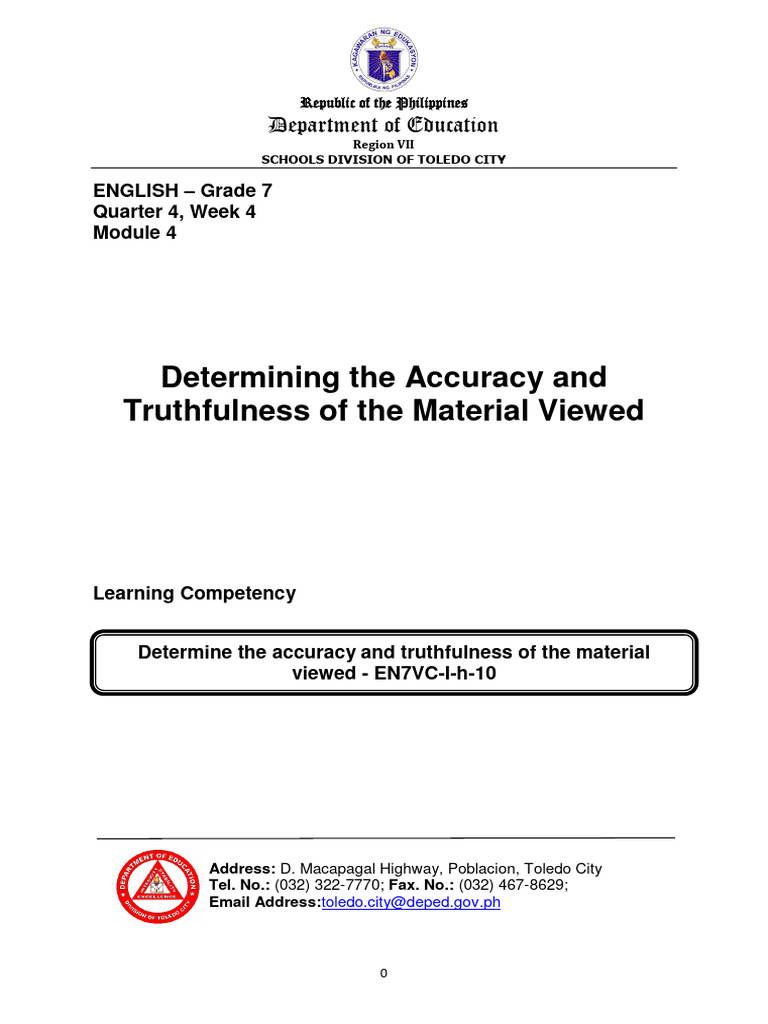 Q4 Eng7 Week4 Module4 Determining-the-truthfulness-and-accuracyV2 | PDF | Tokyo | Accuracy And ...