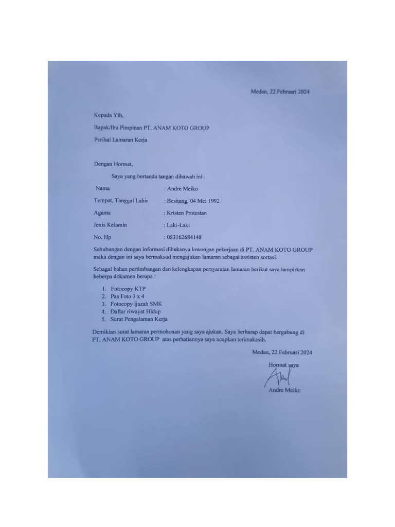 Lamaran ANAM KOTO GROUP | PDF