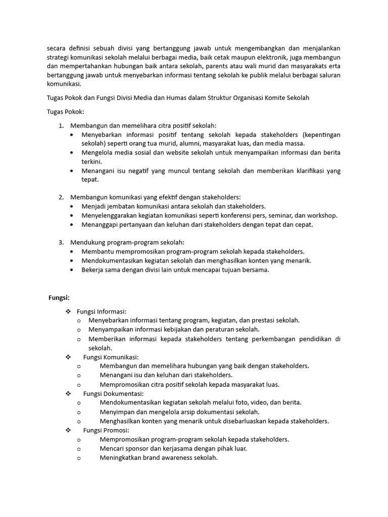 Tugas Pokok Dan Fungsi Divisi Media Dan Humas Dalam Struktur Organisasi ...