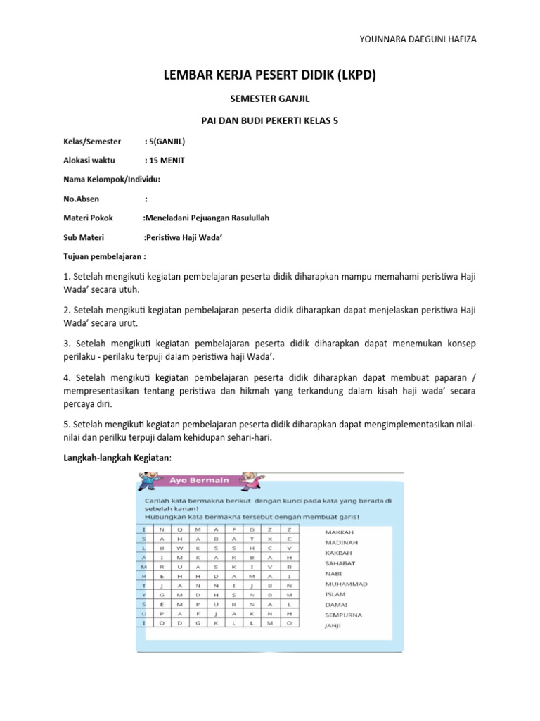 LKPD Kelas 5: Meneladani Haji Wada' | PDF