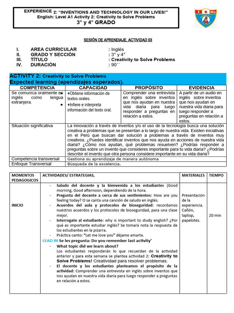 EXP. 2 ACT 2 3° y 4° GRADO NIVEL A1 ING 2022 | PDF