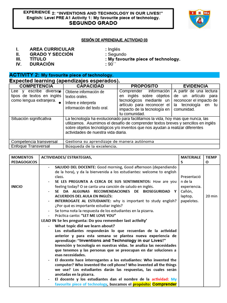 Exp. 2; Act 1 Segundo Grado Pre a1 Ing 2022 | PDF | Aprendizaje
