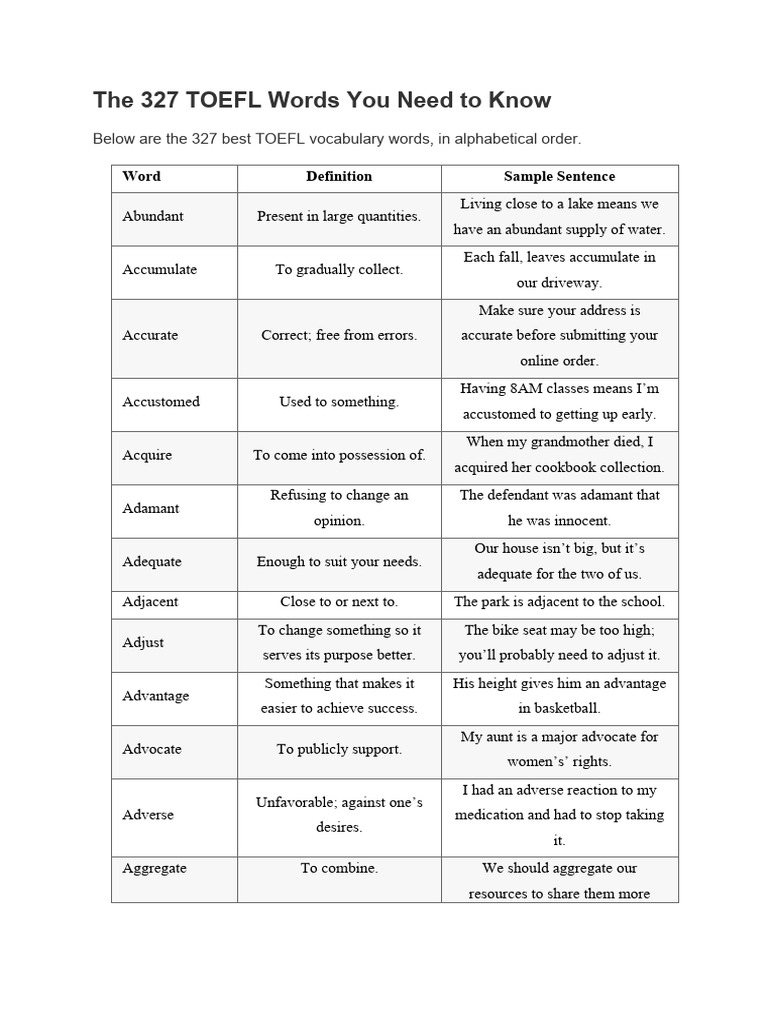 The 327 TOEFL Words You Need to Know | PDF