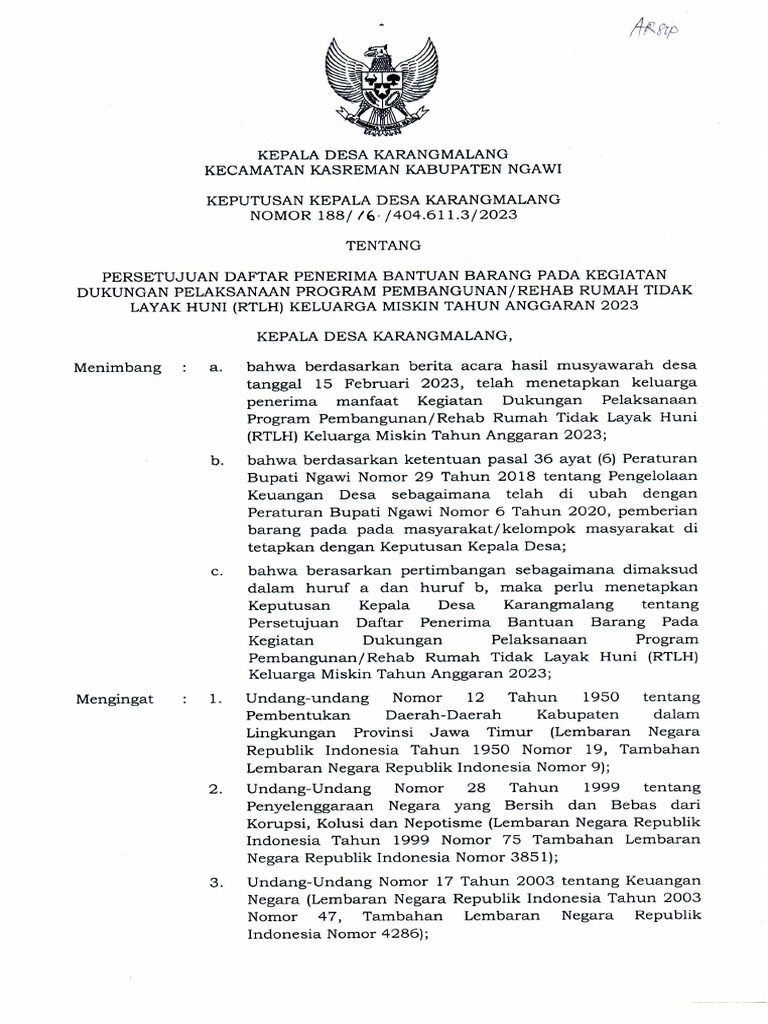 Persetujuan DFTR Penerima Bantuan BRG PD Keg Dukungan Pelaksanaan Program Pembangunan Rehab RTLH ...