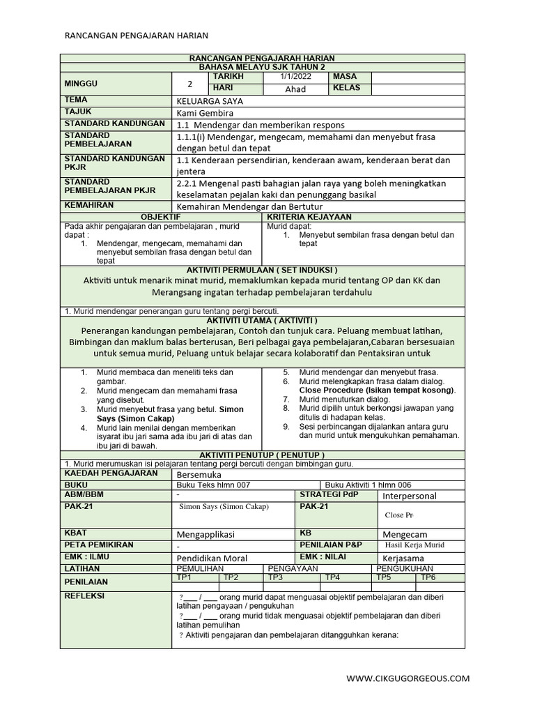 RPH Minggu 2 BM SJK THN 2 by Cikgu Gorgeous | PDF