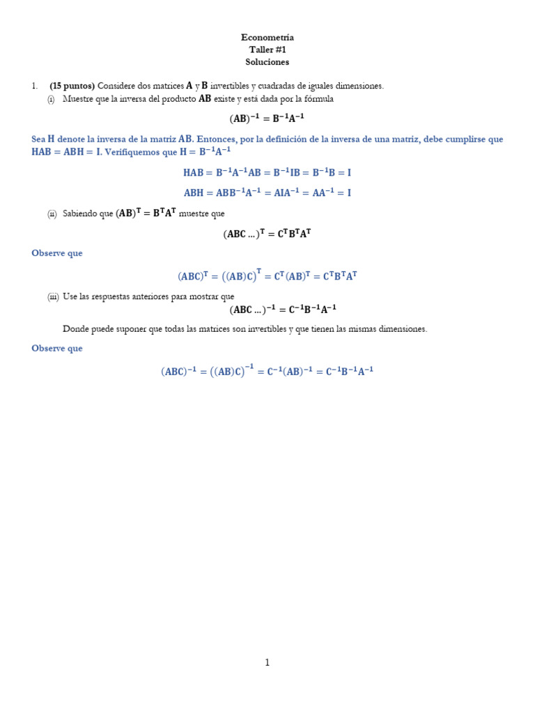 1er Taller Econometria - Soluciones | PDF | Mínimos cuadrados ordinarios | Matriz (Matemáticas)