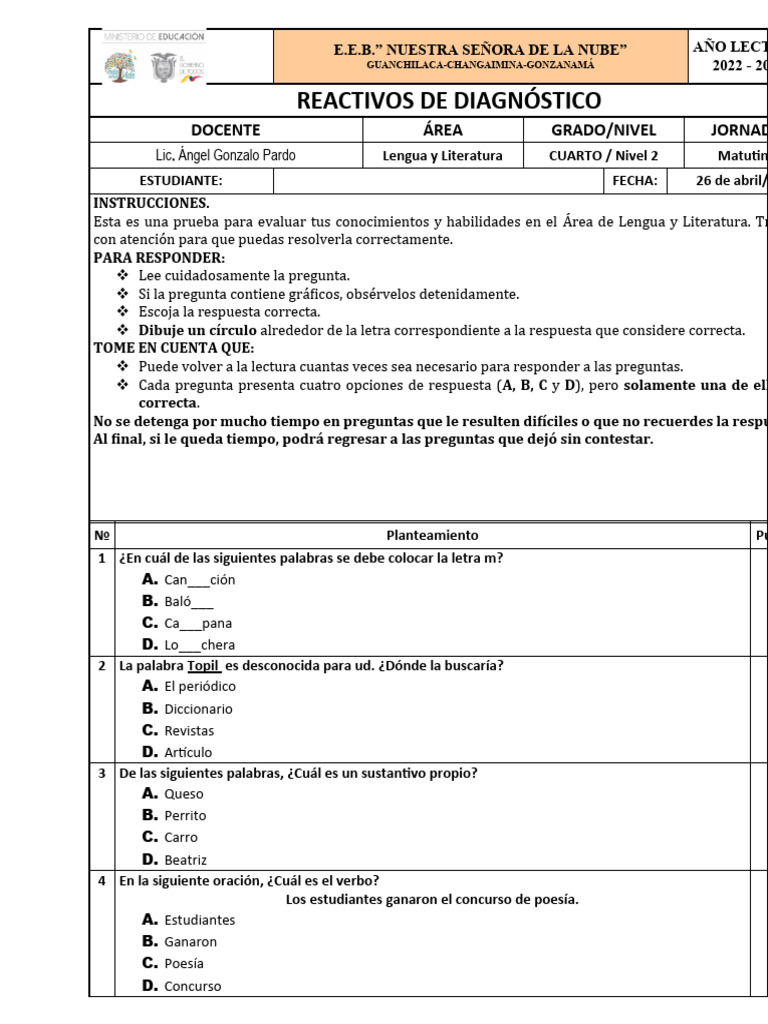 Pruebas de Diagnóstico de 4to Grado | PDF | Ciencias de la Tierra | Naturaleza