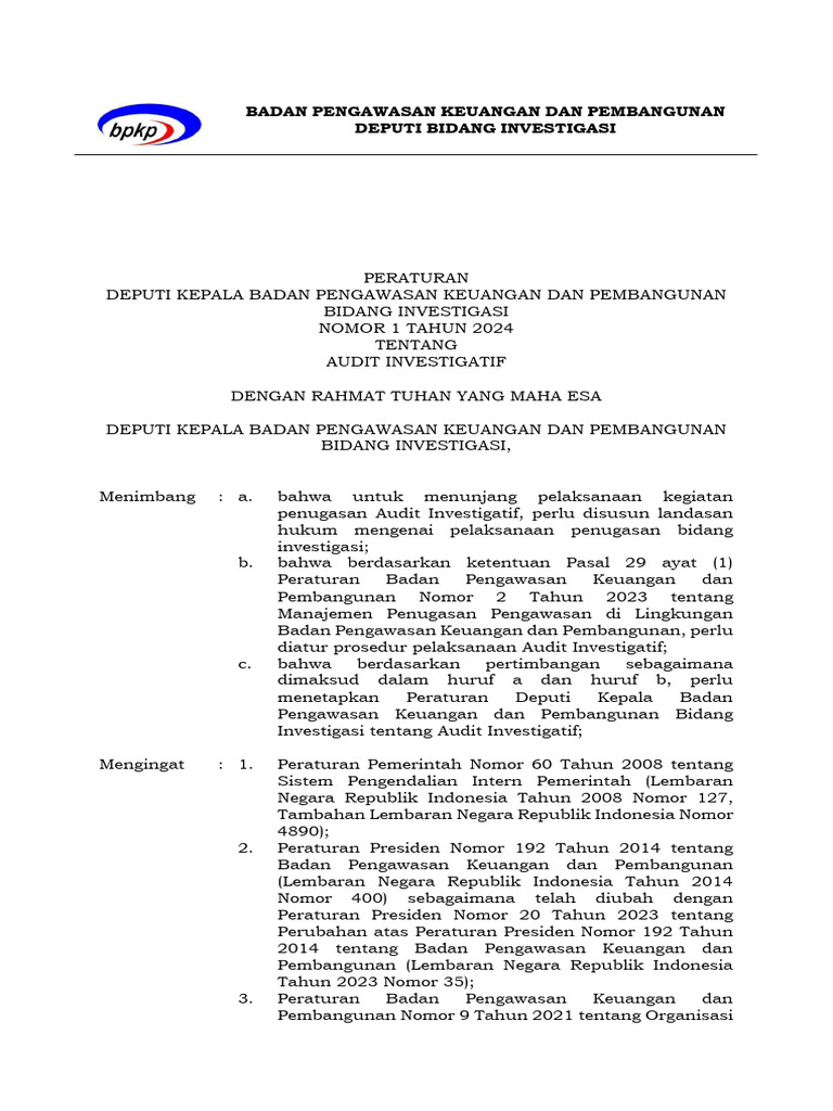 Peraturan Audit Investigatif BPKP 2024 | PDF