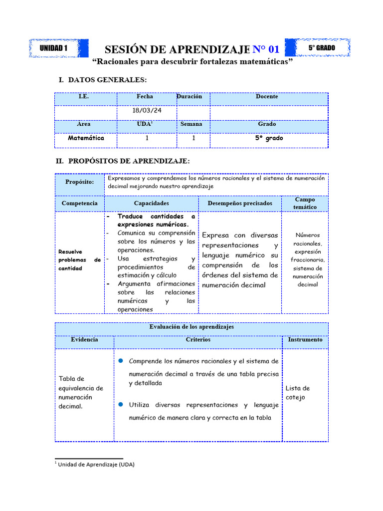 5° SESIÓN DE APRENDIZAJE N 1 | PDF | Aprendizaje | Número racional