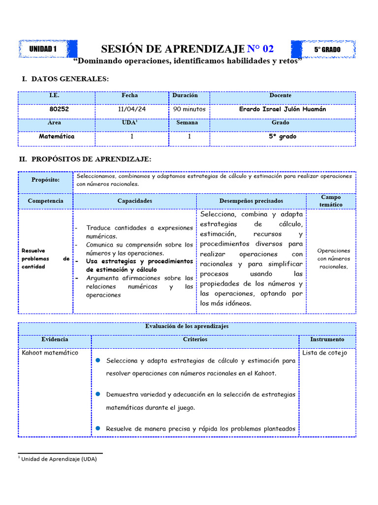 5° SESIÓN DE APRENDIZAJE N 2 | PDF | Aprendizaje | Evaluación