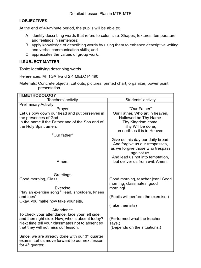 Describing Words Lesson Plan | PDF | Lord's Prayer | Languages