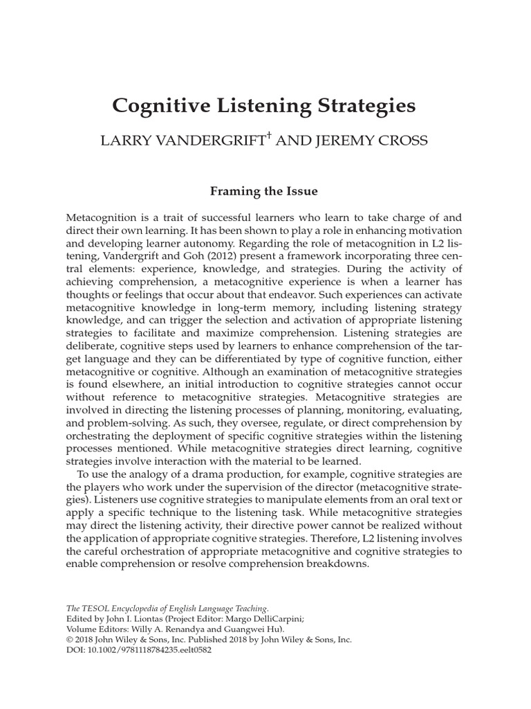 Cognitive Listening Strategies Larry Vandergrift & Jeremy Cross | PDF ...