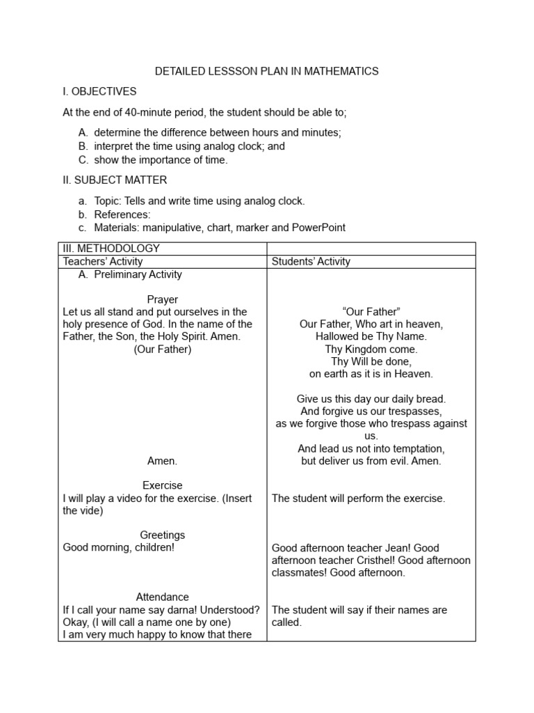 Detailed Lessson Plan in Mathematics-Day2 | PDF | Lord's Prayer | Clock