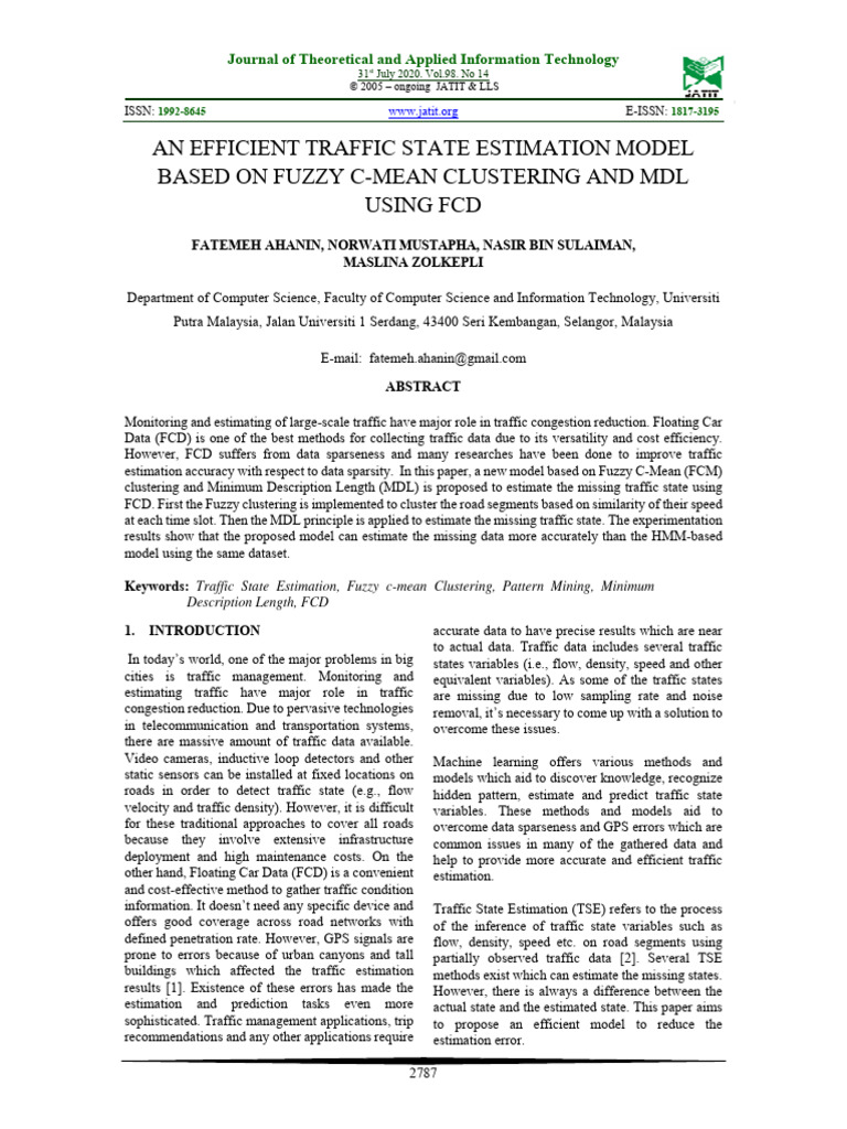 An Efficient Traffic State Estimation Model Based On Fuzzy C Mean
