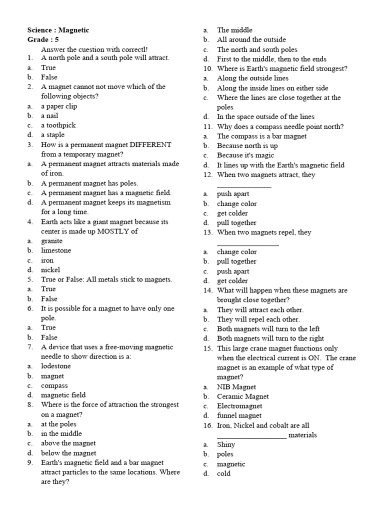 Soal Science Magnetic (Basic) | PDF | Magnet | Magnetism