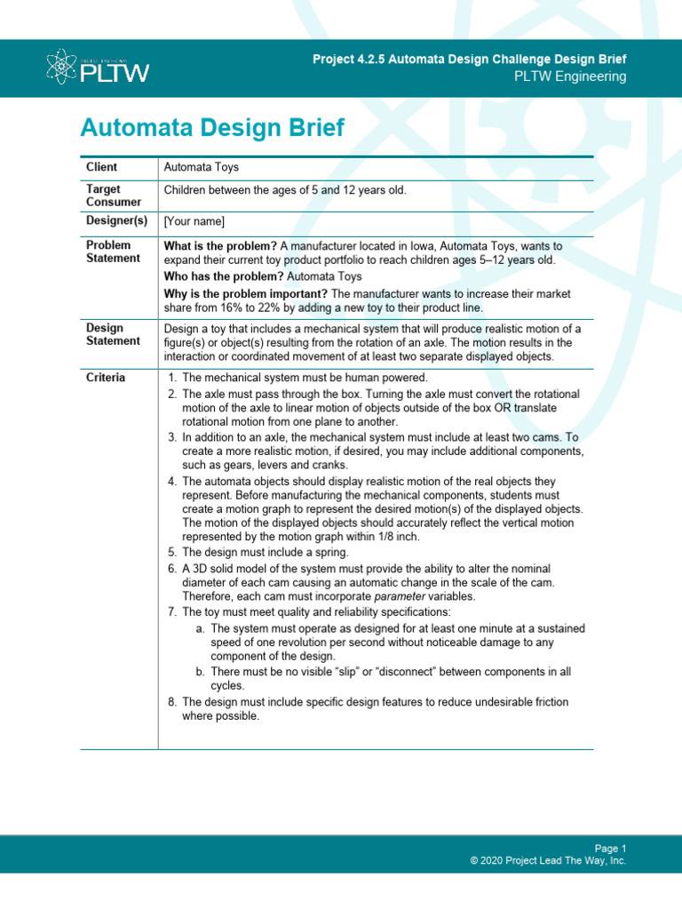 Ied 425 AutomataDesignChallengeDesignBrief | PDF | Machines | Toys