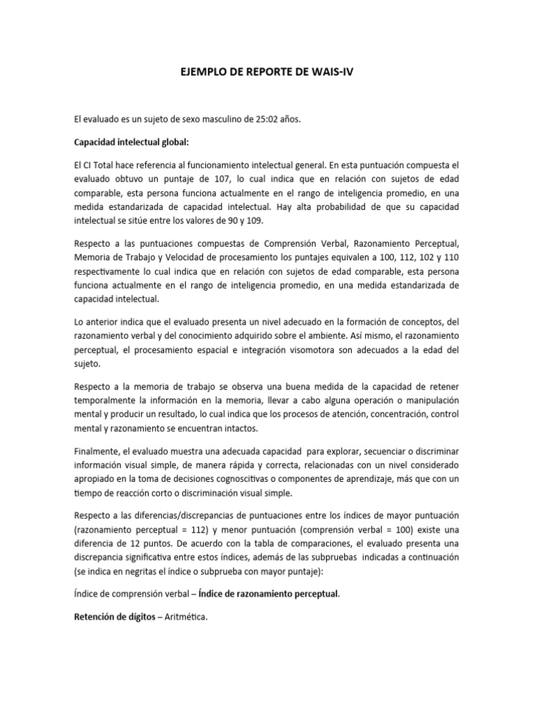 Ejemplo de Reporte de Wais-Iv | PDF | Inteligencia | Memoria