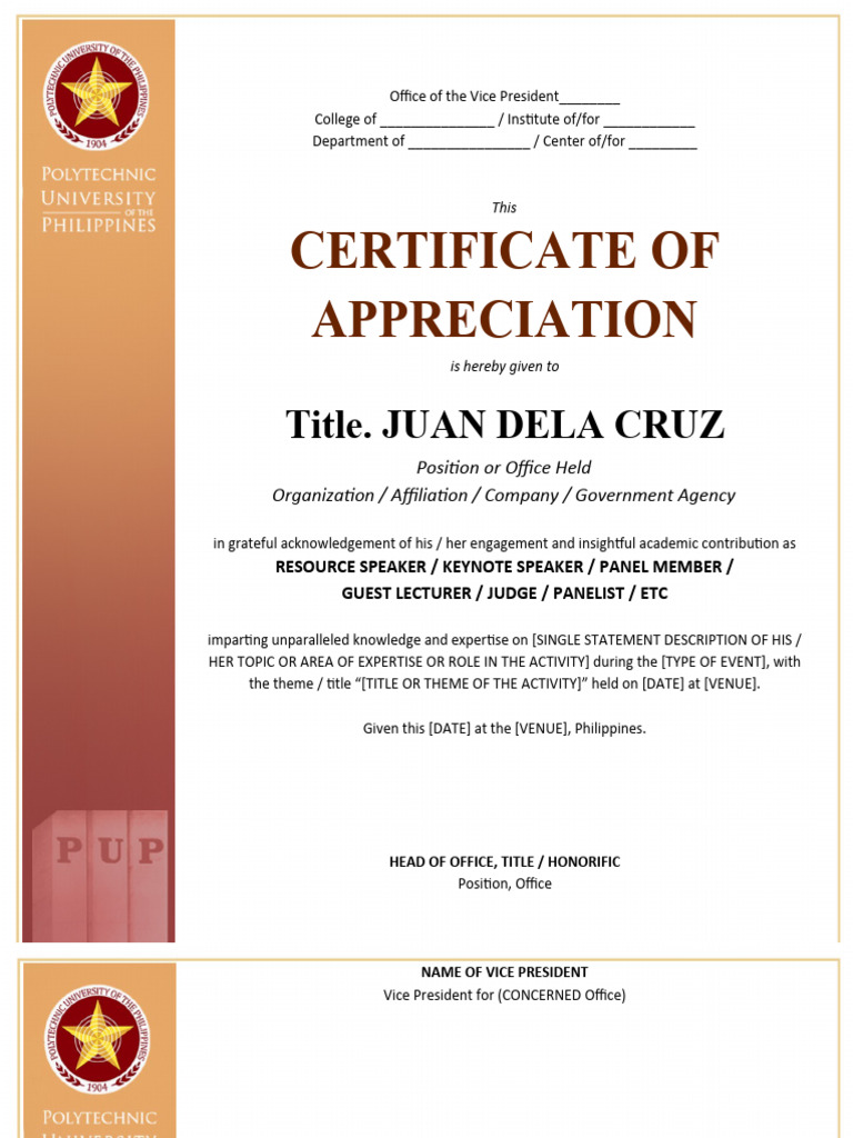 PUP Certificate of Appreciation Template | PDF