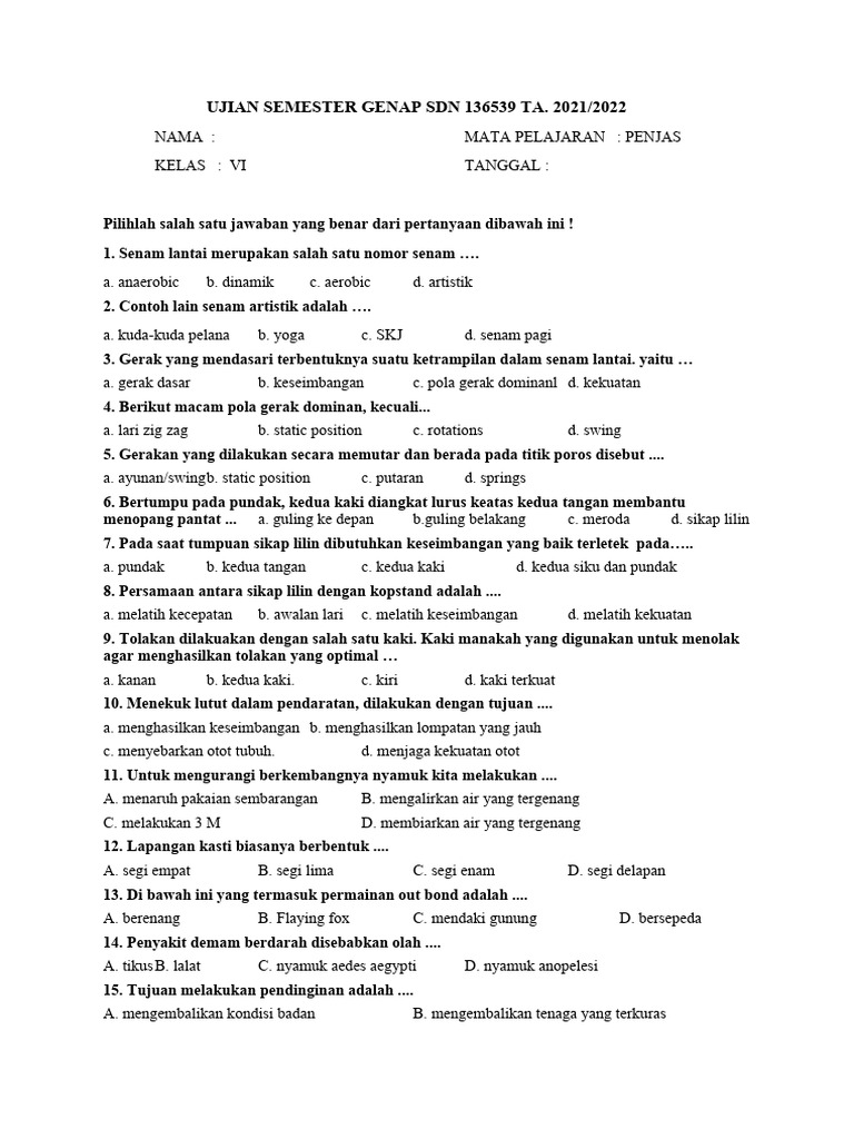 Soal Uas Kelas 6 Semester 2 Pjok Fix | PDF
