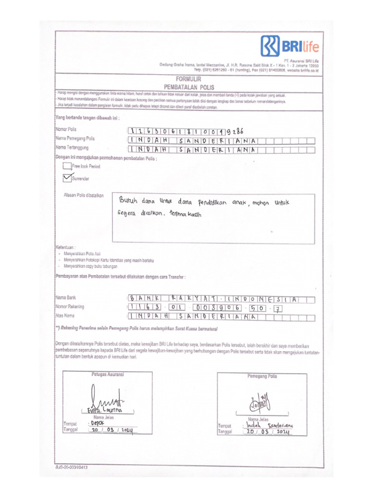 Form Surrender Indah Sanderiana | PDF