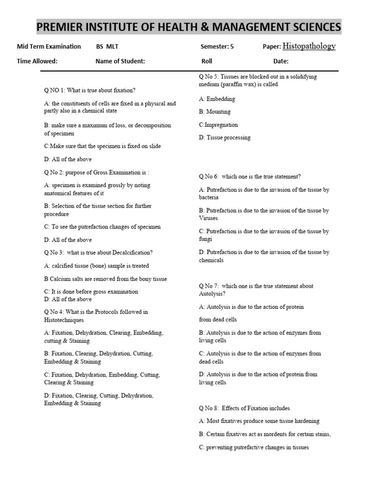 5 MLT Histopathology Paper | PDF | Fixation (Histology) | Staining