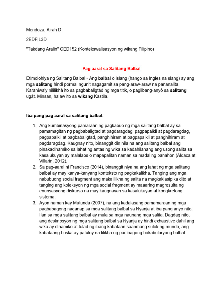 Pag Aaral Sa Salitang Balbal | PDF