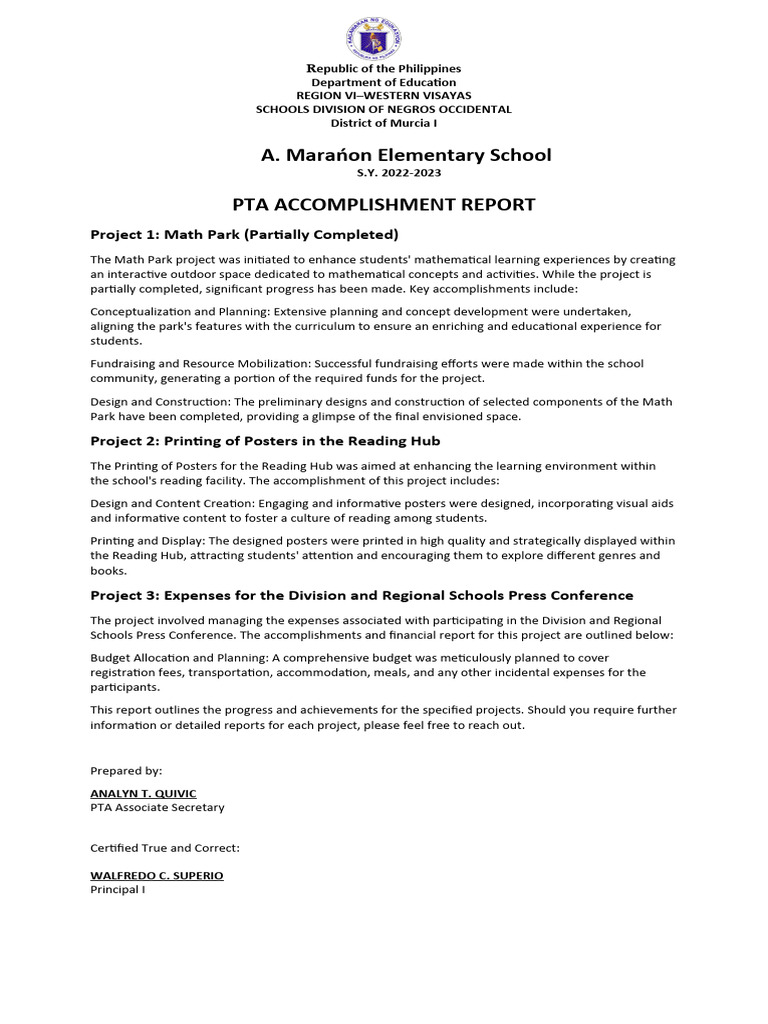Pta Accomplishment Report, Pta | PDF | Learning