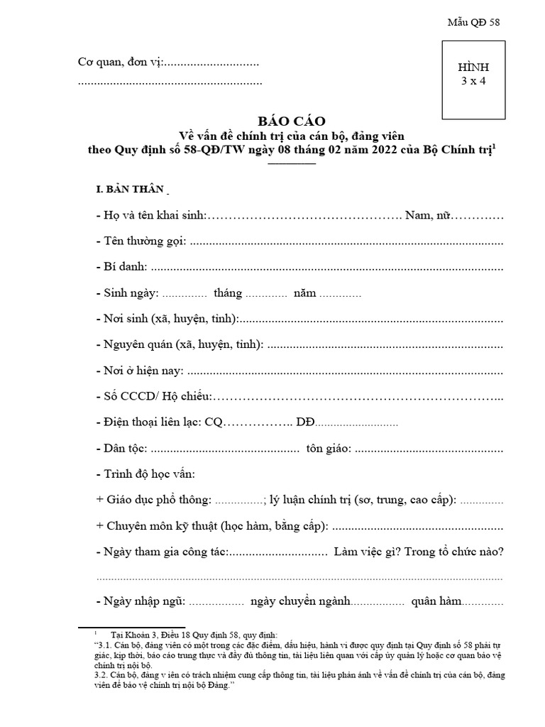 MẪU KHAI BÁO CÁO QĐ-58-BVCTNB | PDF
