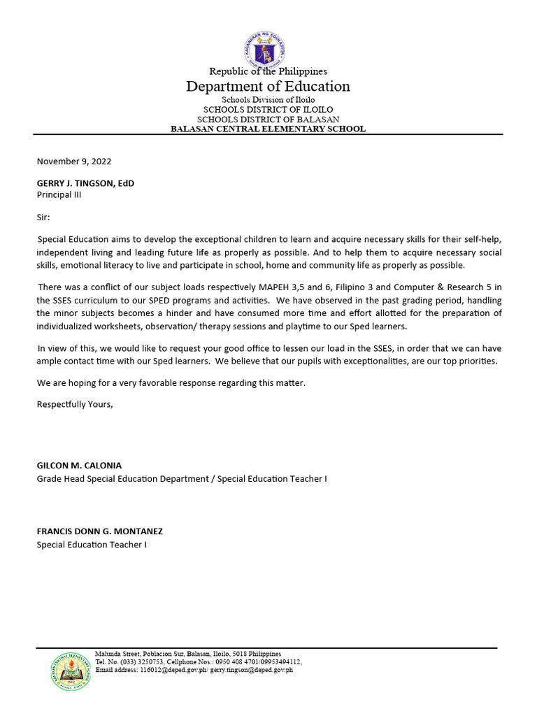 Letter of Intention Sped-Sses | PDF | Behavior Modification | Learning