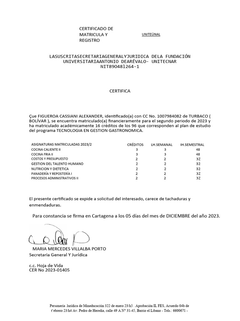 Figueroa Cassiani Alexander. Matricula y Registro 20232-1 | PDF