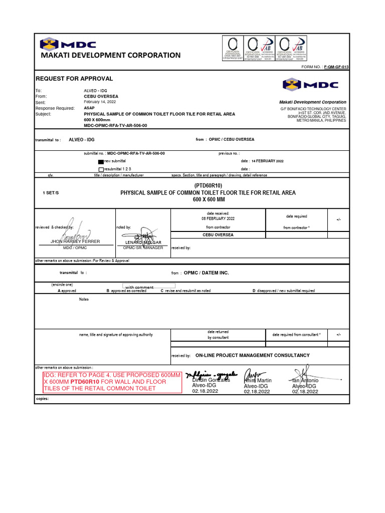 Mdc-Opmc-Rfa-Tv-Ar-506-00 - Physical Sample of Common Toilet Floor Tile ...