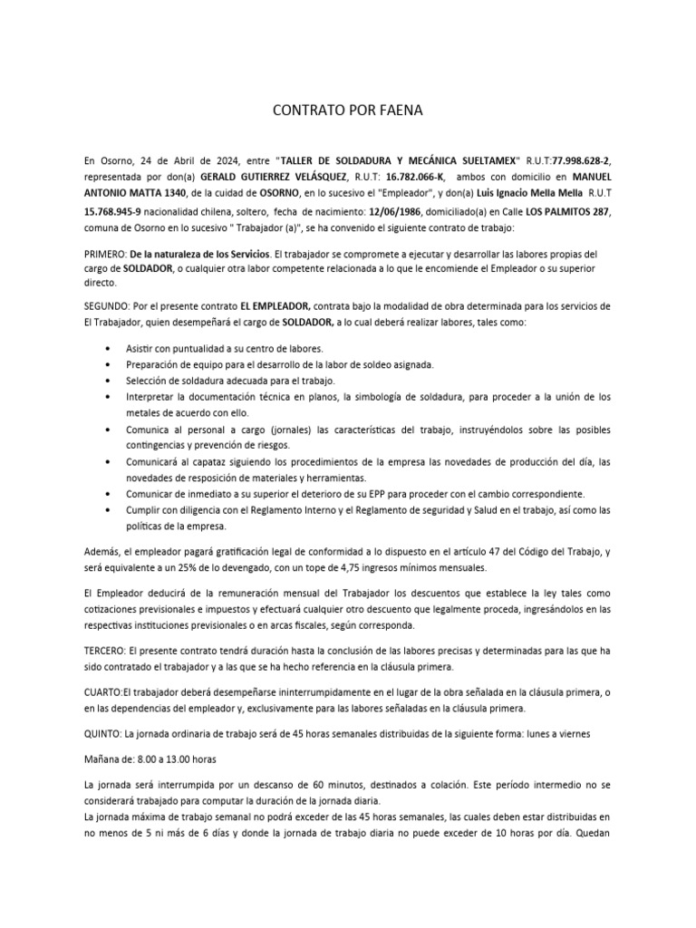 Contrato Faena | PDF | Tiempo de trabajo