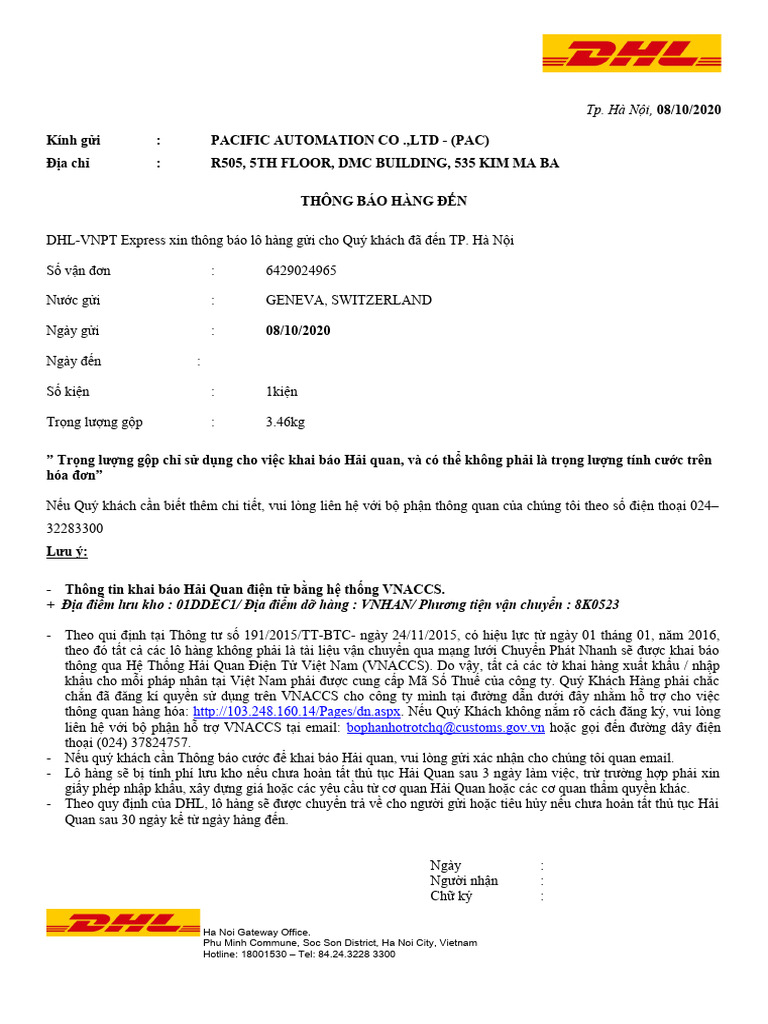 Arrival Notice Attachment - 6429024965 | PDF