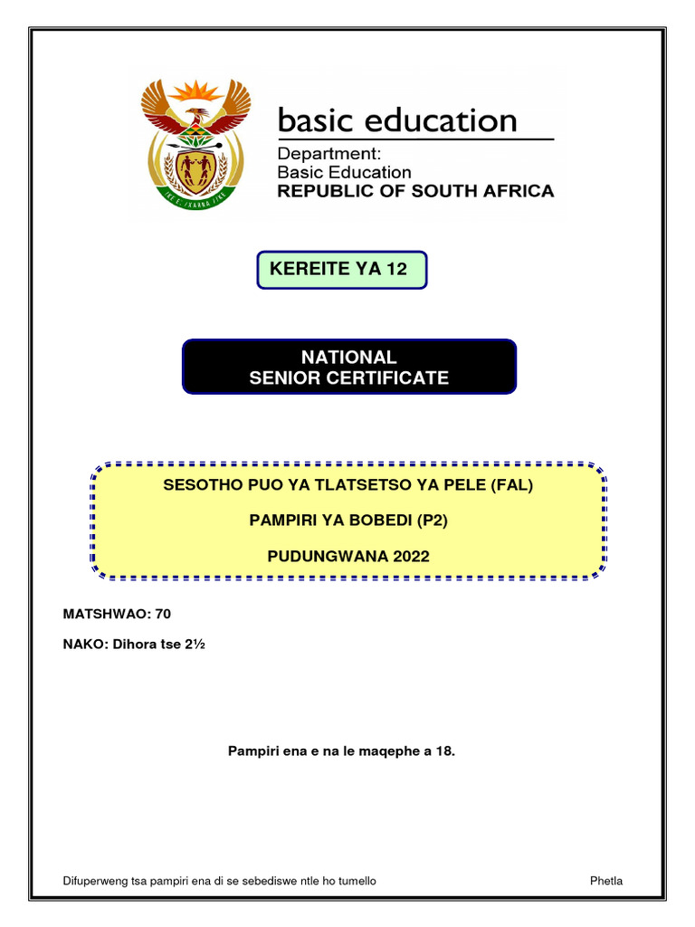 Sesotho FAL P2 Nov 2022 | PDF