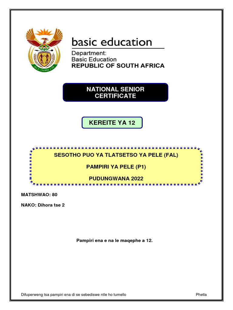 Sesotho FAL P1 Nov 2022 | PDF