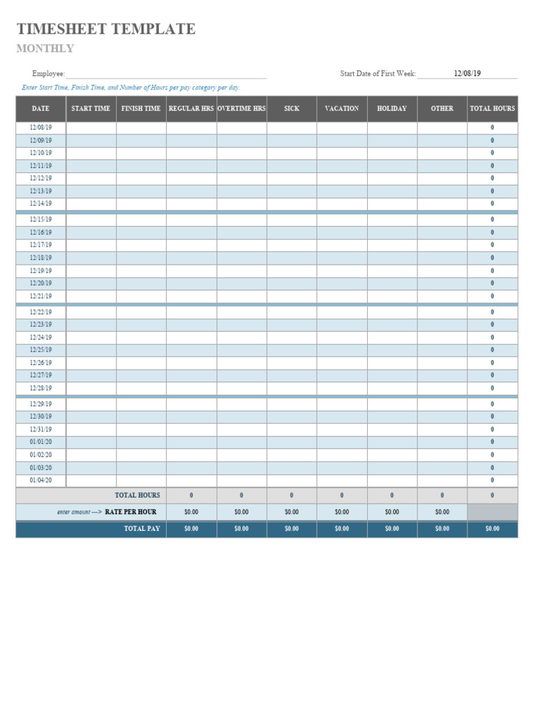 IC Monthly Timesheet Template 8544 V1 | Download Free PDF | Overtime ...