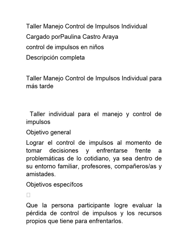 Taller de Control de Impulsos para Niños | PDF | Las emociones | Sicología
