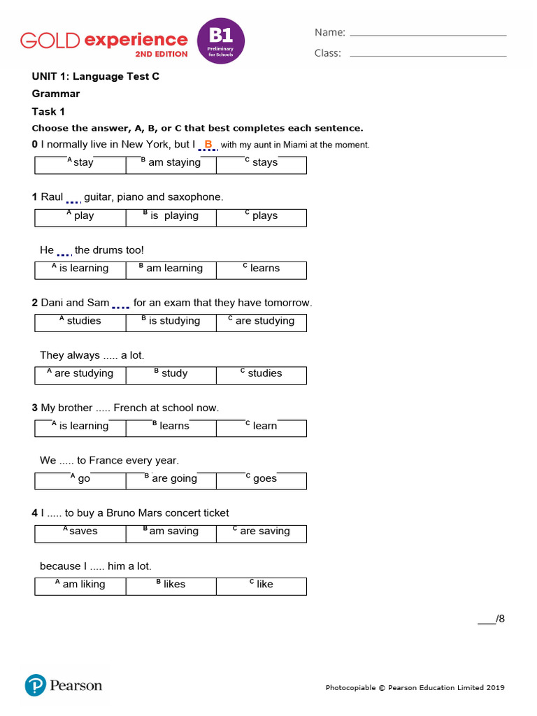 Gold Exp B1 U1 Lang Test C Dys | PDF