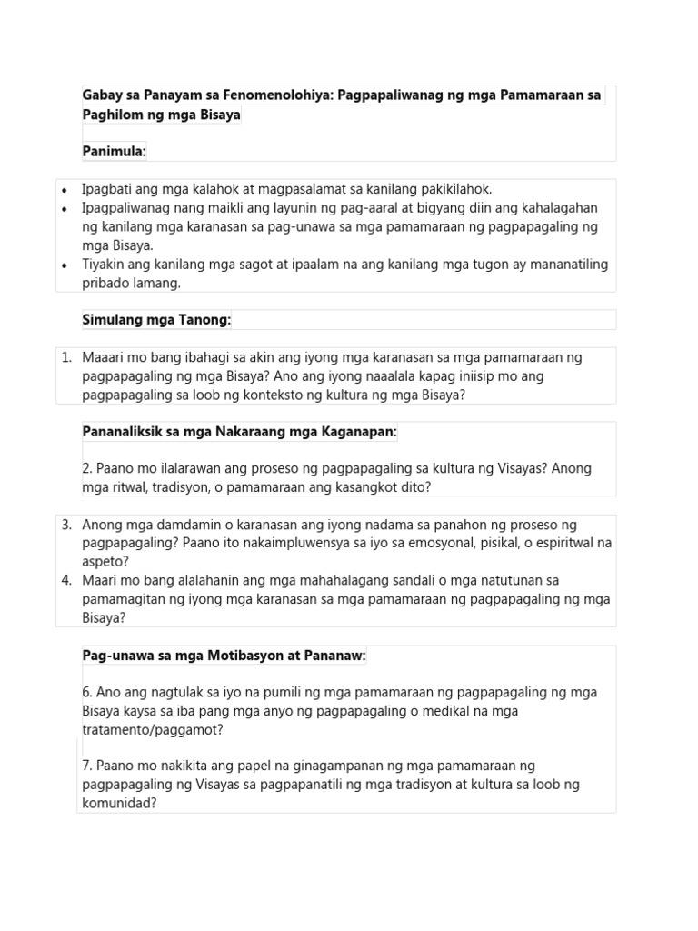 Gabay Sa Panayam Sa Fenomenolohiya (PASCO) | PDF