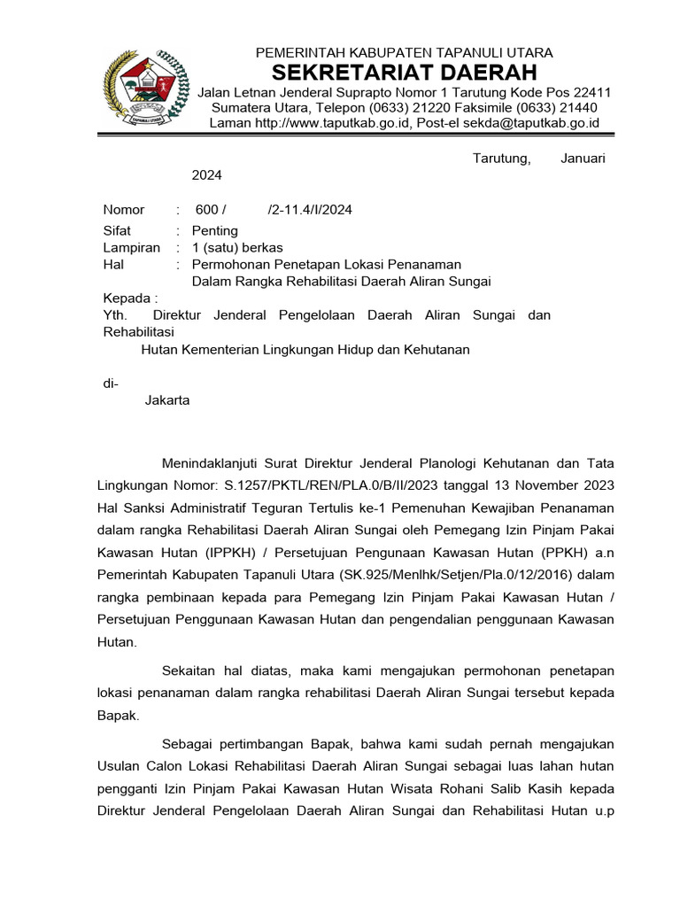 Permohonan Penetapan Lokasi Penanaman Rehabilitasi DAS IPPKH Salib Kasih | PDF