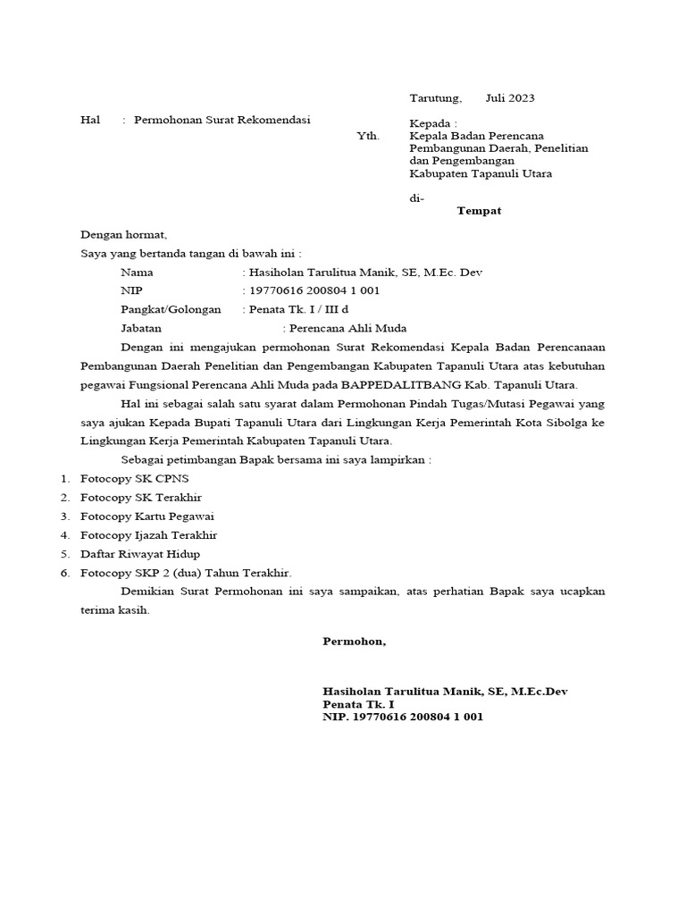 Surat Pemohonan Rekomendasi Ke Bappeda | PDF